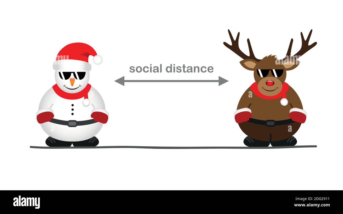 cute snowman and deer cartoon with sunglasses social distance concept ...