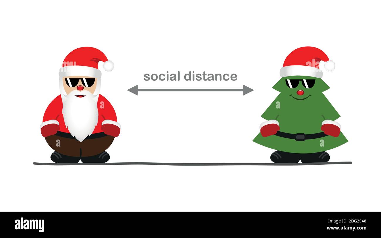 cute santa and christmas tree cartoon with sunglasses social distance ...