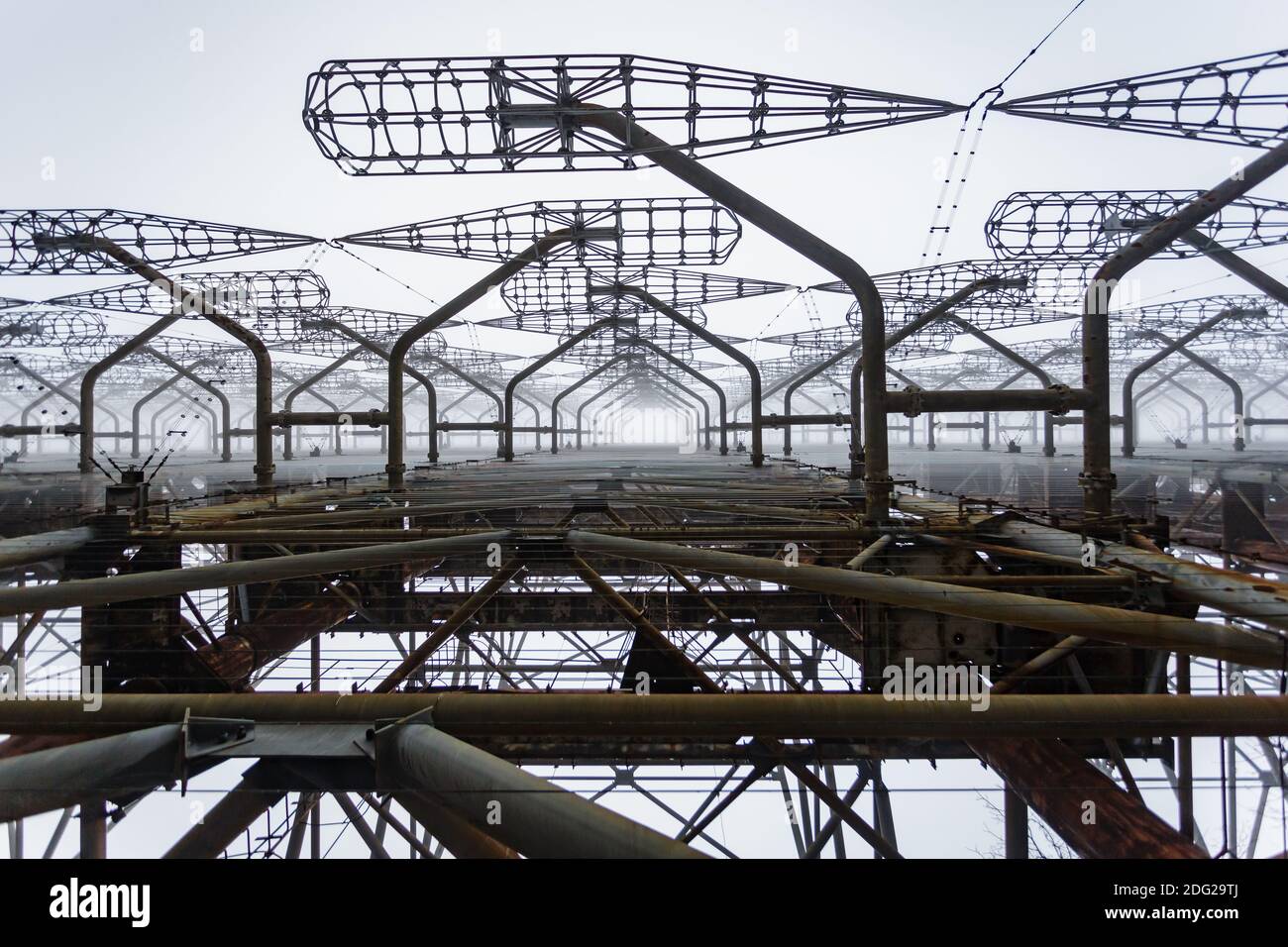 Soviet radar Duga in foggy weather. Russian woodpecker - over-the ...