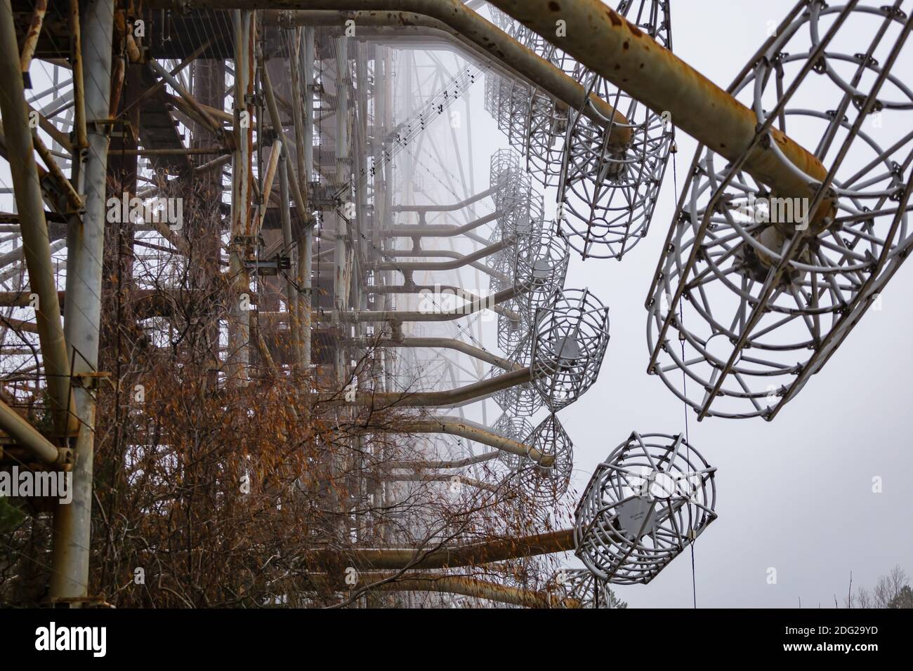 Soviet radar Duga in foggy weather. Russian woodpecker - over-the ...