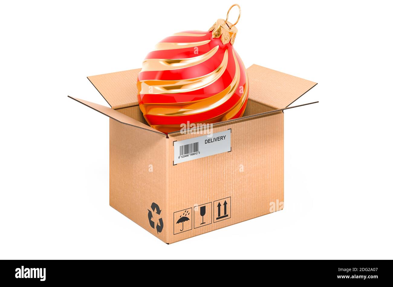 Parcel with Christmas ball. Gift delivery concept, 3D rendering ...
