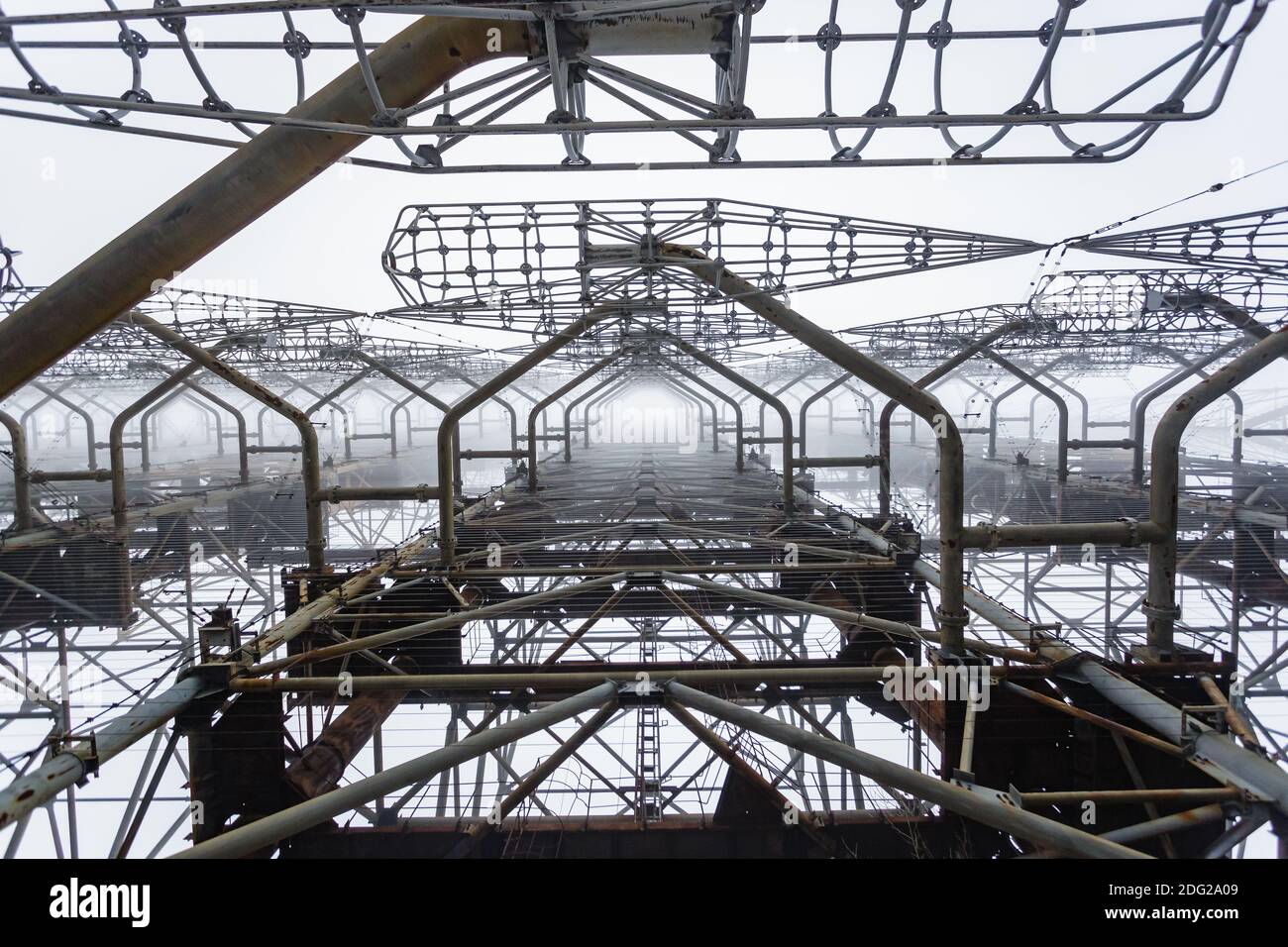 Soviet radar Duga in foggy weather. Russian woodpecker - over-the ...