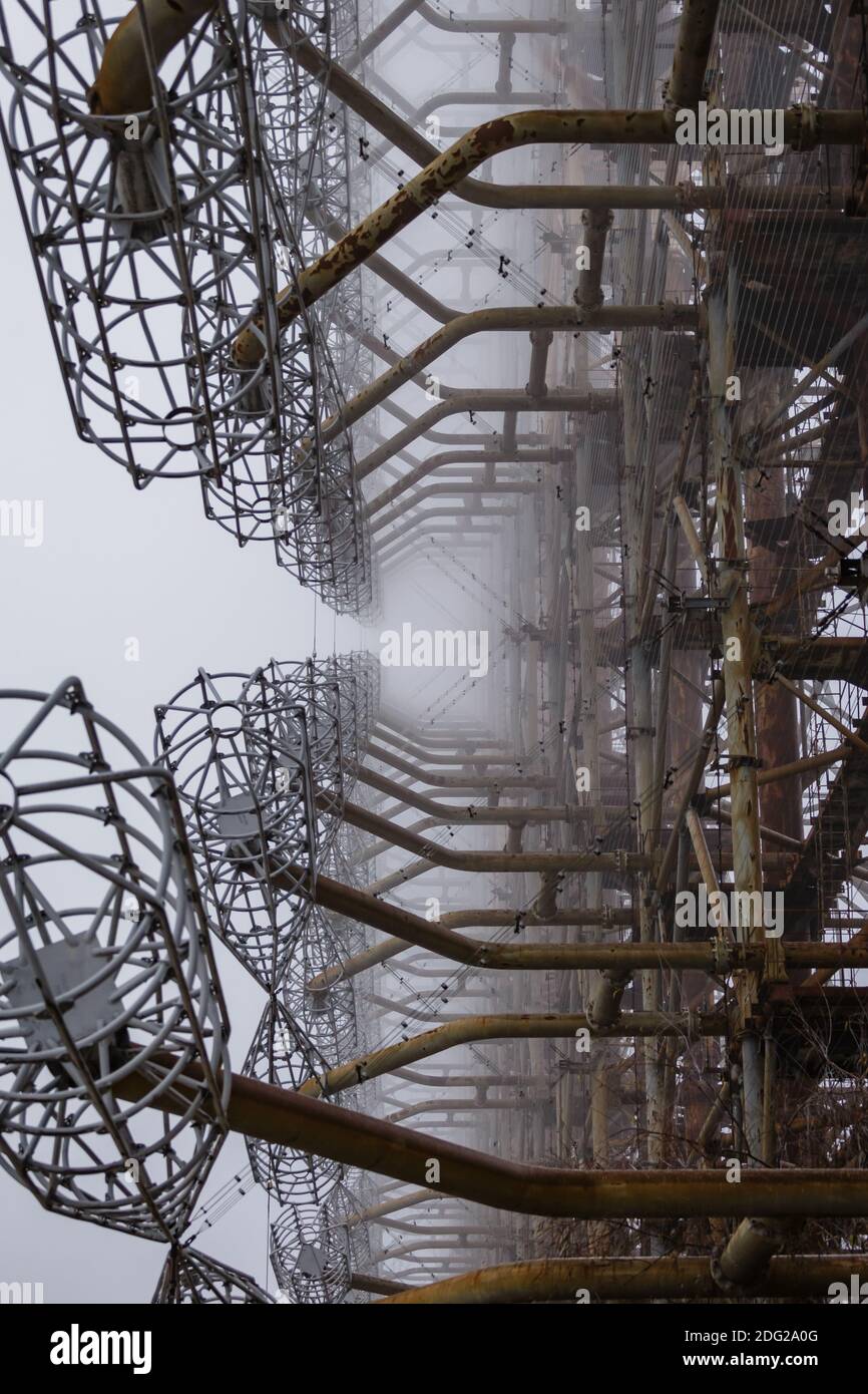 Soviet radar Duga in foggy weather. Russian woodpecker - over-the ...