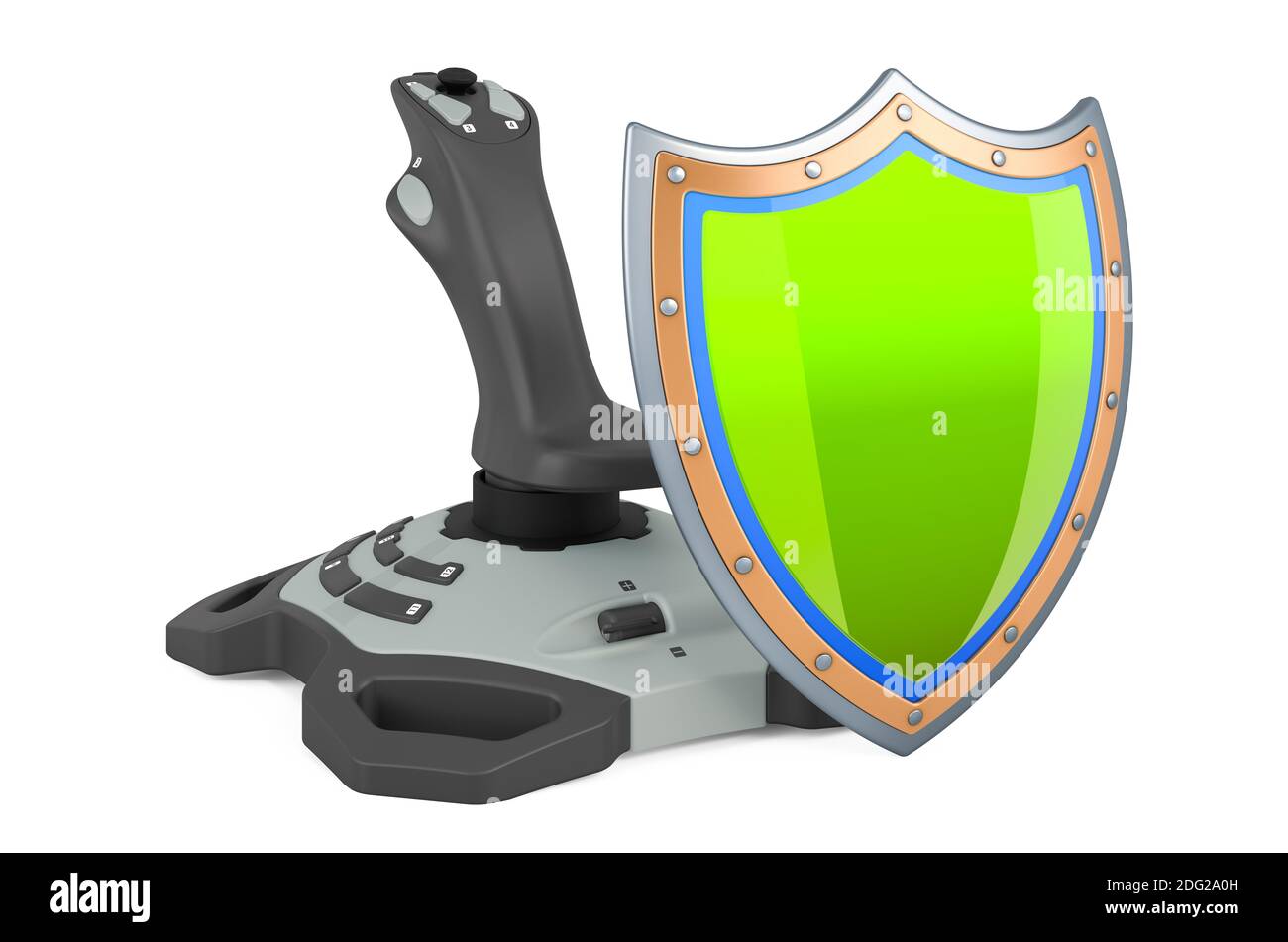 Joystick with shield, 3D rendering isolated on white background Stock ...