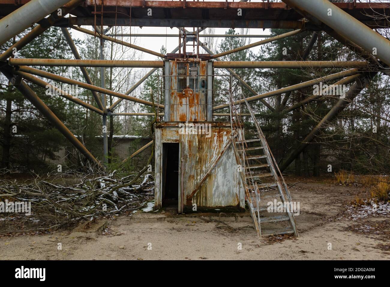 Soviet radar Duga in foggy weather. Russian woodpecker - over-the ...