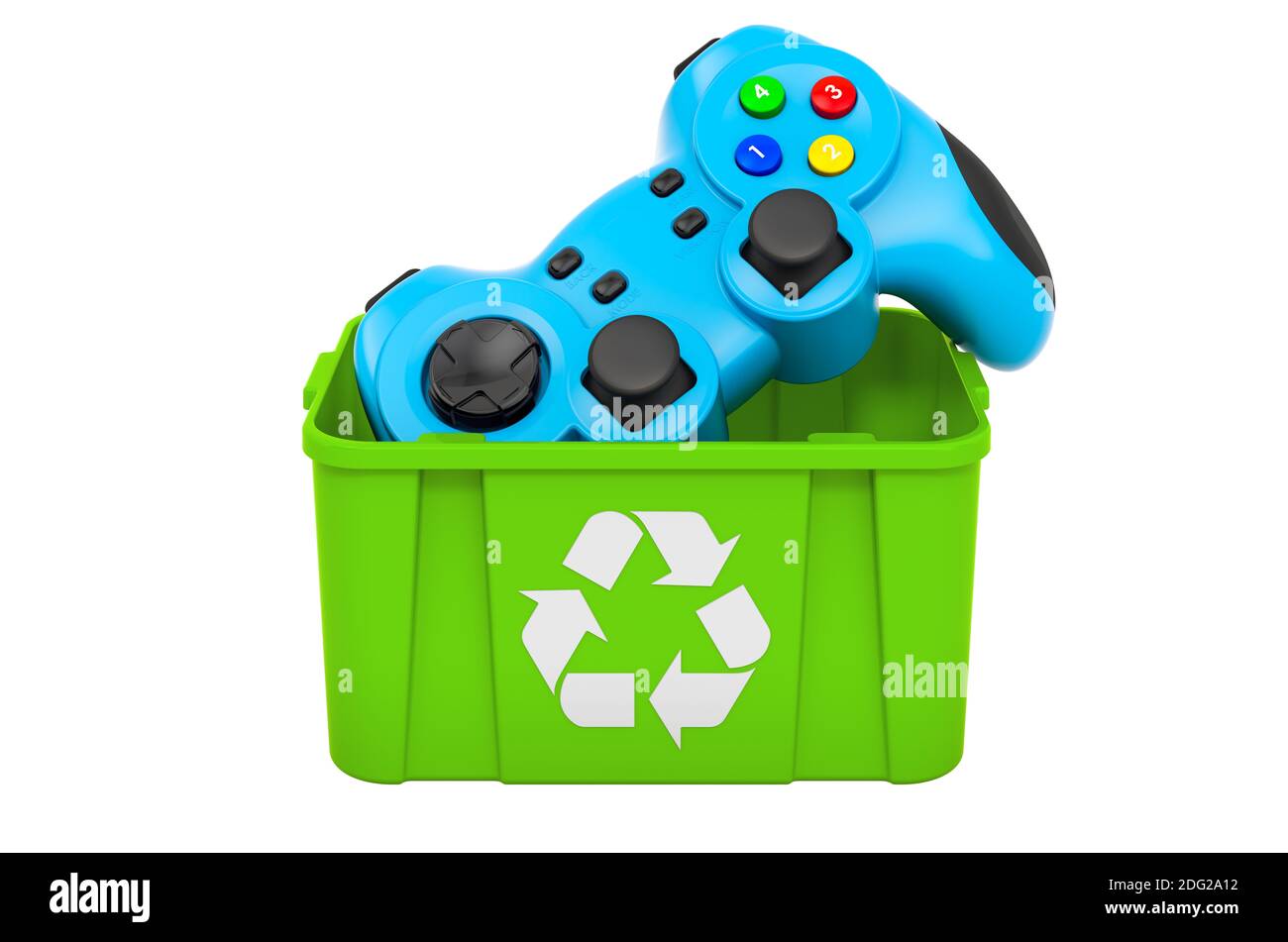 Recycling trashcan with gamepad, 3D rendering isolated on white ...