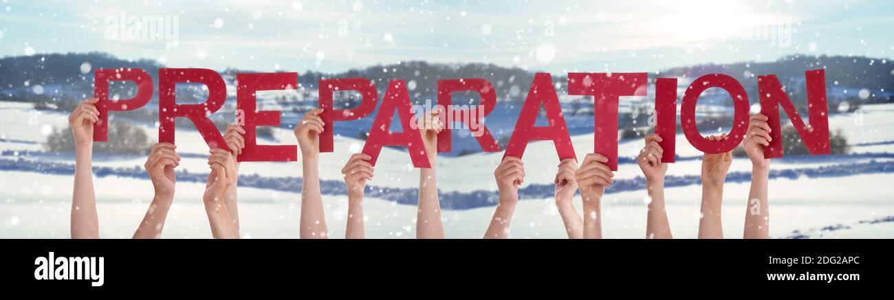 People Hands Holding Word Preparation, Snowy Winter Background Stock ...