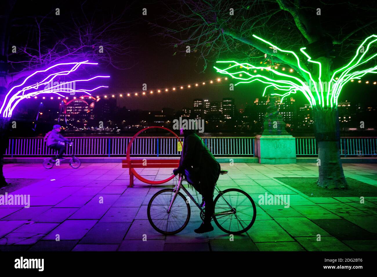 A cyclist passes 'Lumen' by David Ogle, a row of riverside plane trees illuminated by neon flex ...