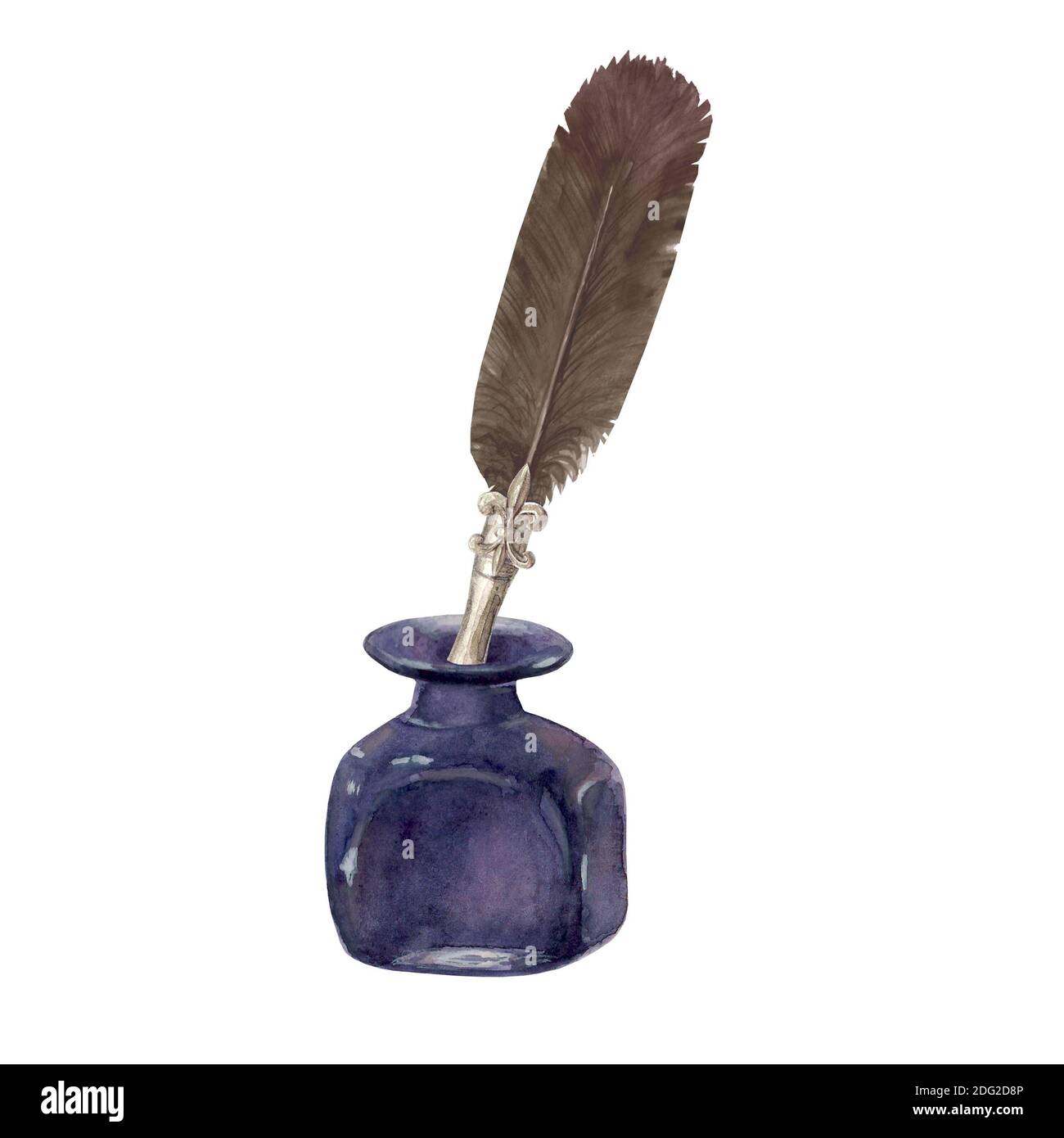 Watercolor fountain feathers pen and inkwell in vintage style isolated ...