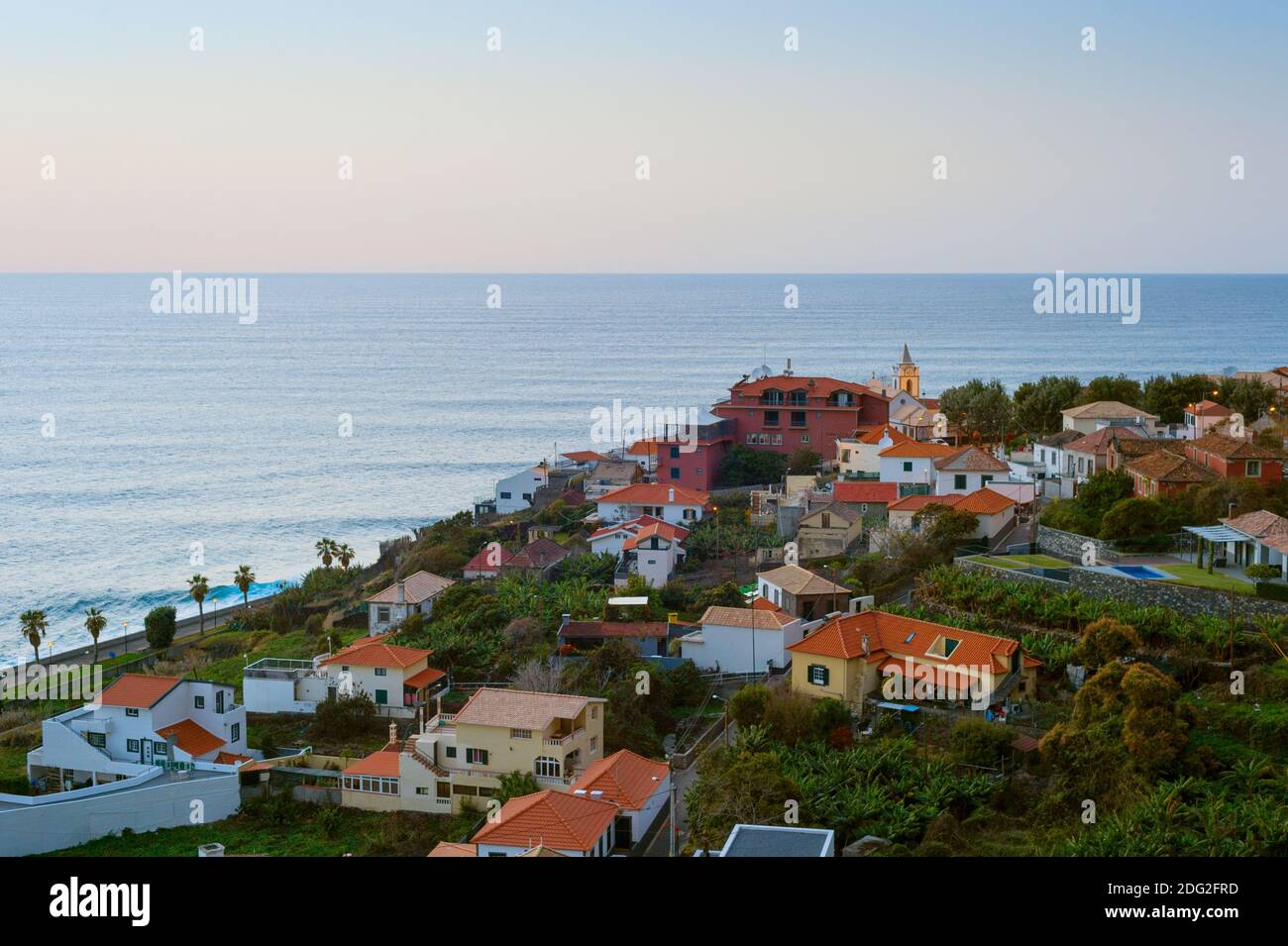 Aerial view of typical Madeira island village at twilight. Paul do Mar ...