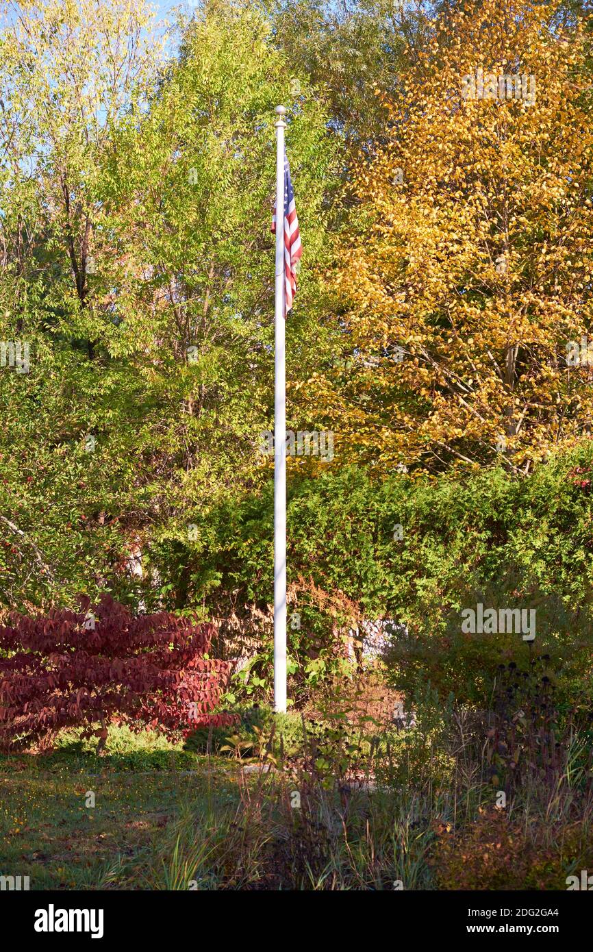 A lone flagpole with an American, Stars & Stripes flag hanging among ...