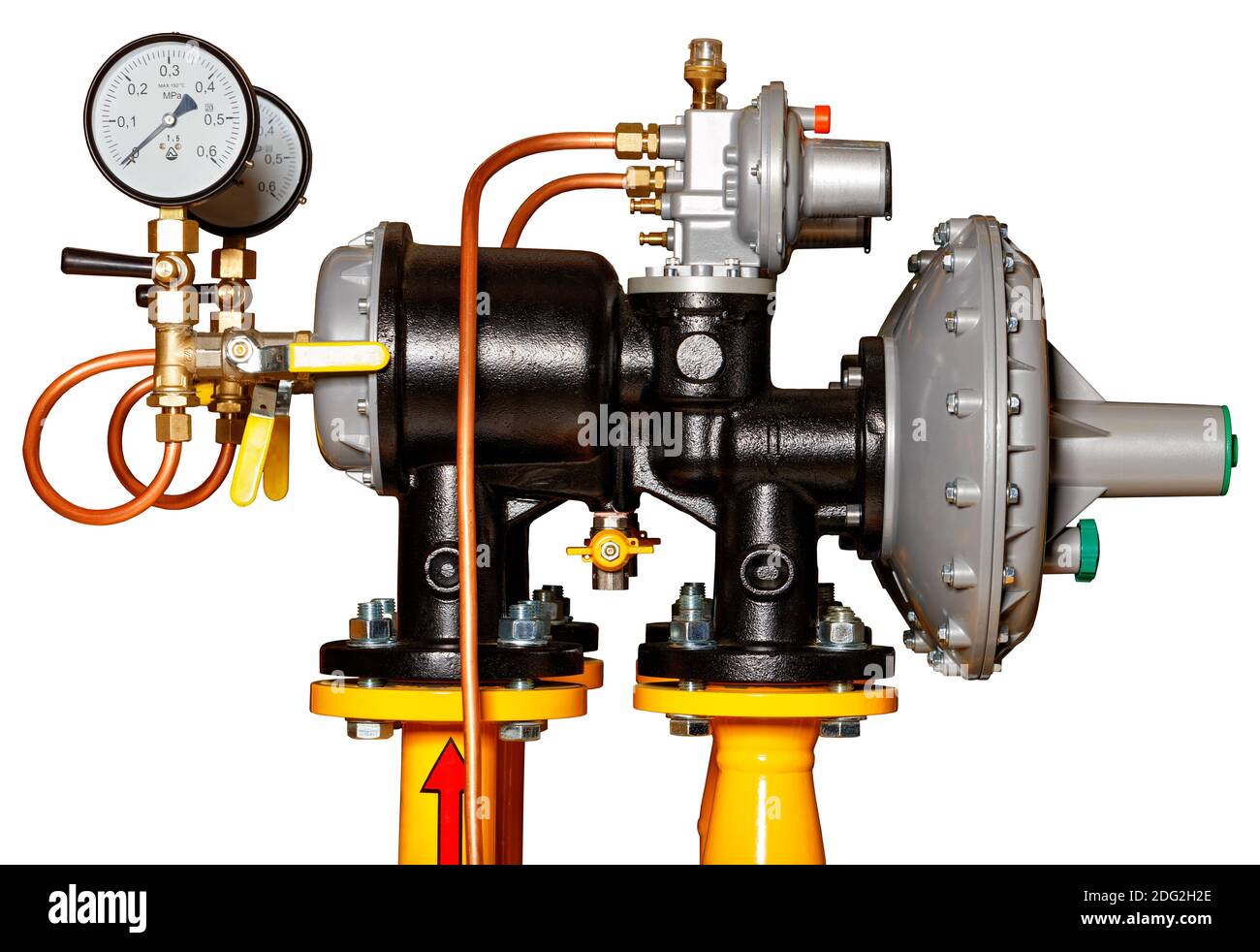 Gas reducer, pressure gauge and pipes, close-up, isolated on white ...