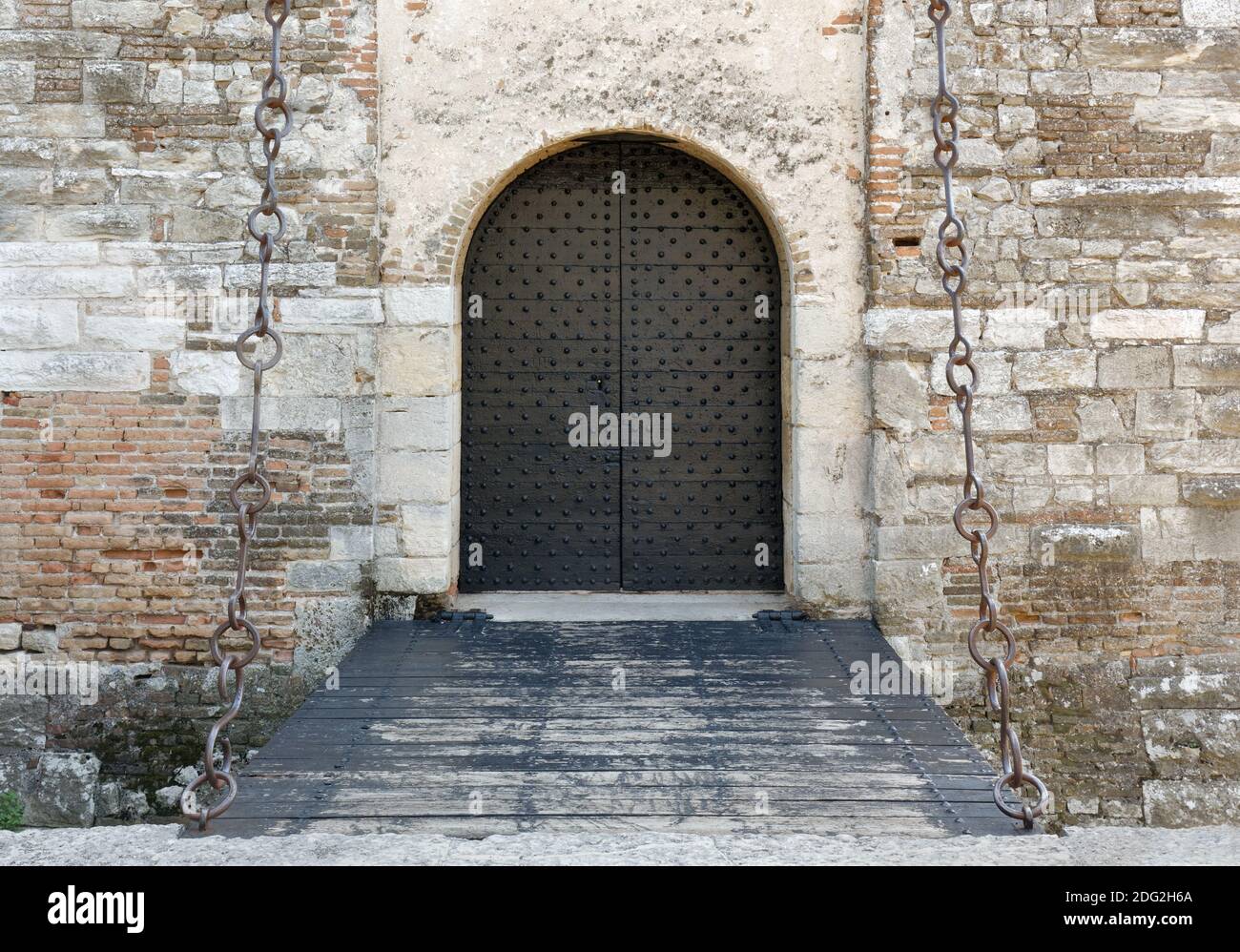 Main entrance to the medieval castle of Soave, Italy, with its ...