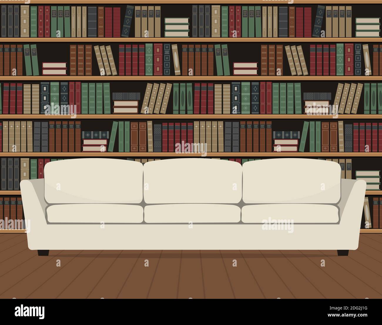 Library interior. There is a white sofa on a bookshelves background ...