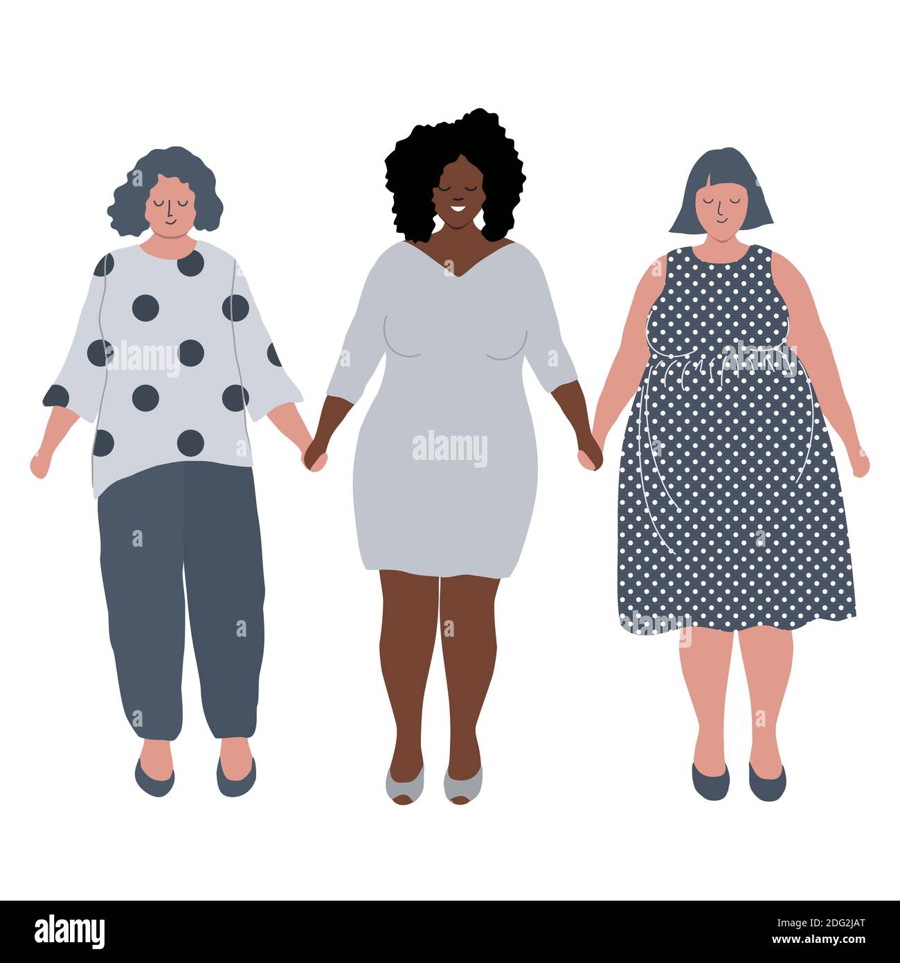 Plump women are holding hands. Plus size girls of different races. Body ...