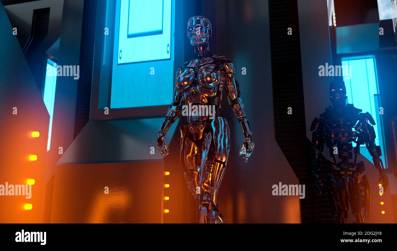 Two metallic cyborgs in a futuristic room - 3d rendering Stock Photo ...
