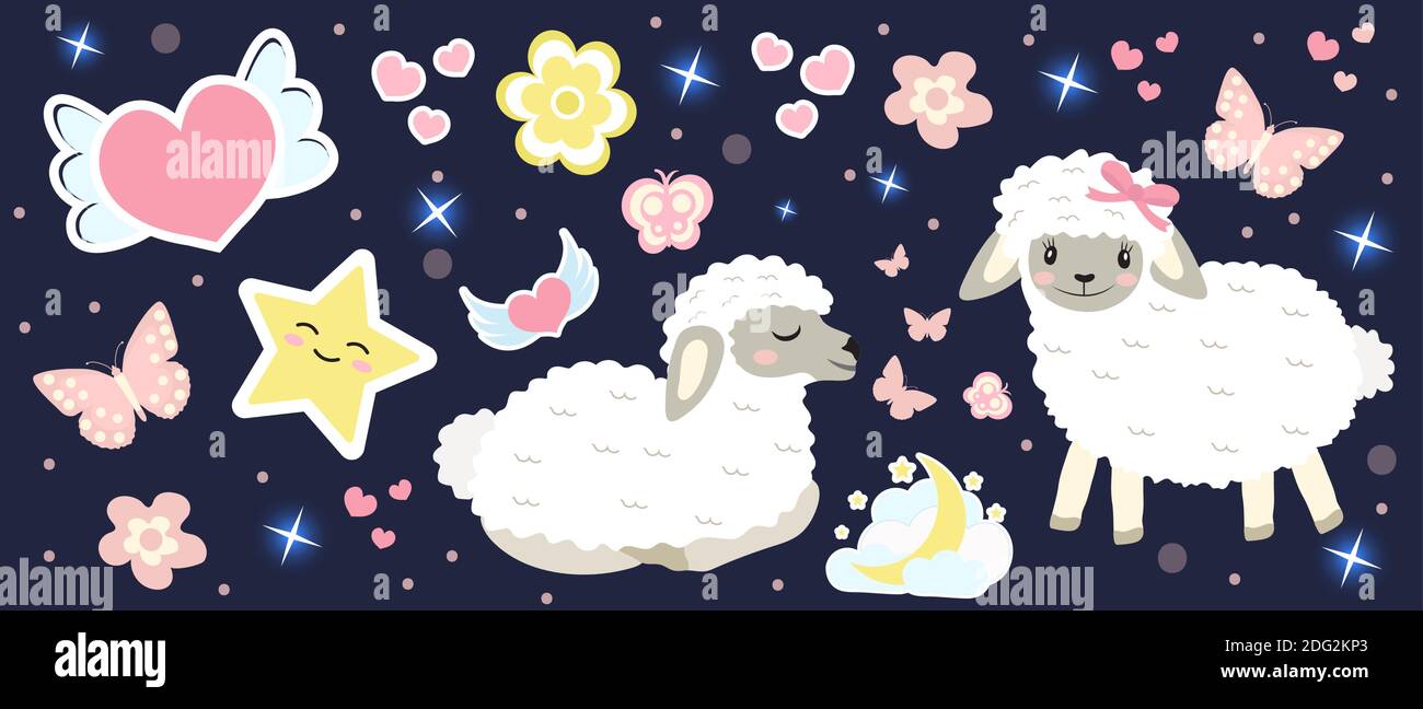 Cute sheep set objects. Collection design elements with lambs, hearts ...