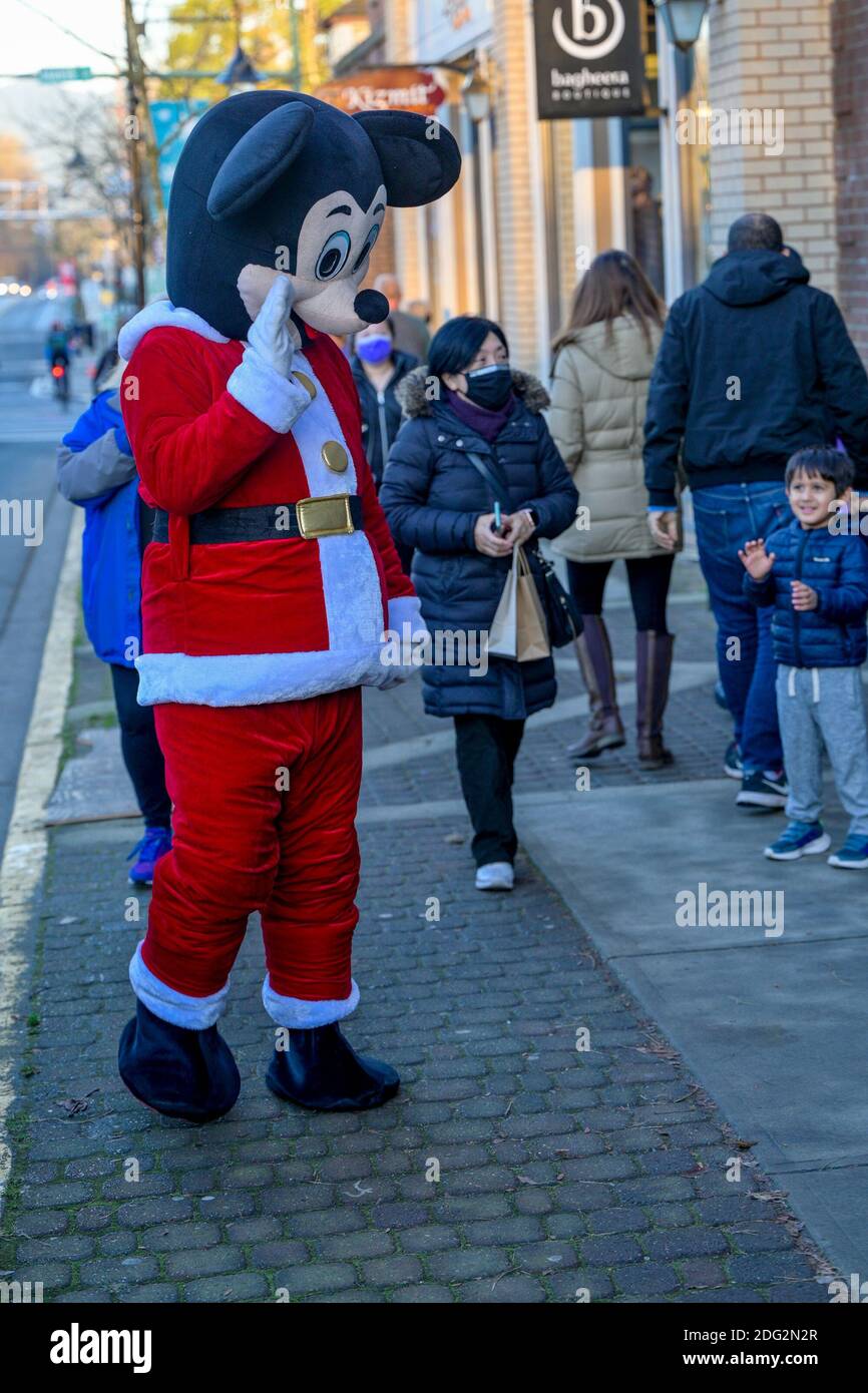 Mickey Mouse wearing Santa costume, Fort Langley, British Columbia ...