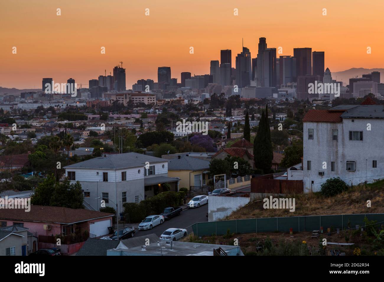 View of Downtown LA from suburbs at sunset, Los Angeles, California ...