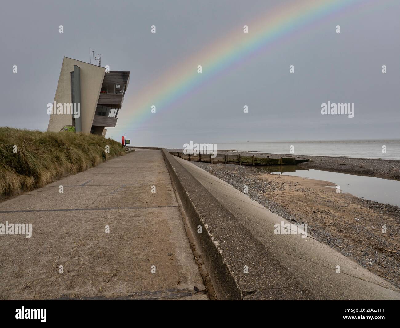 Rainbow at Rossall Beach, Fleetwood, Lancashire, UK. The four storey ...