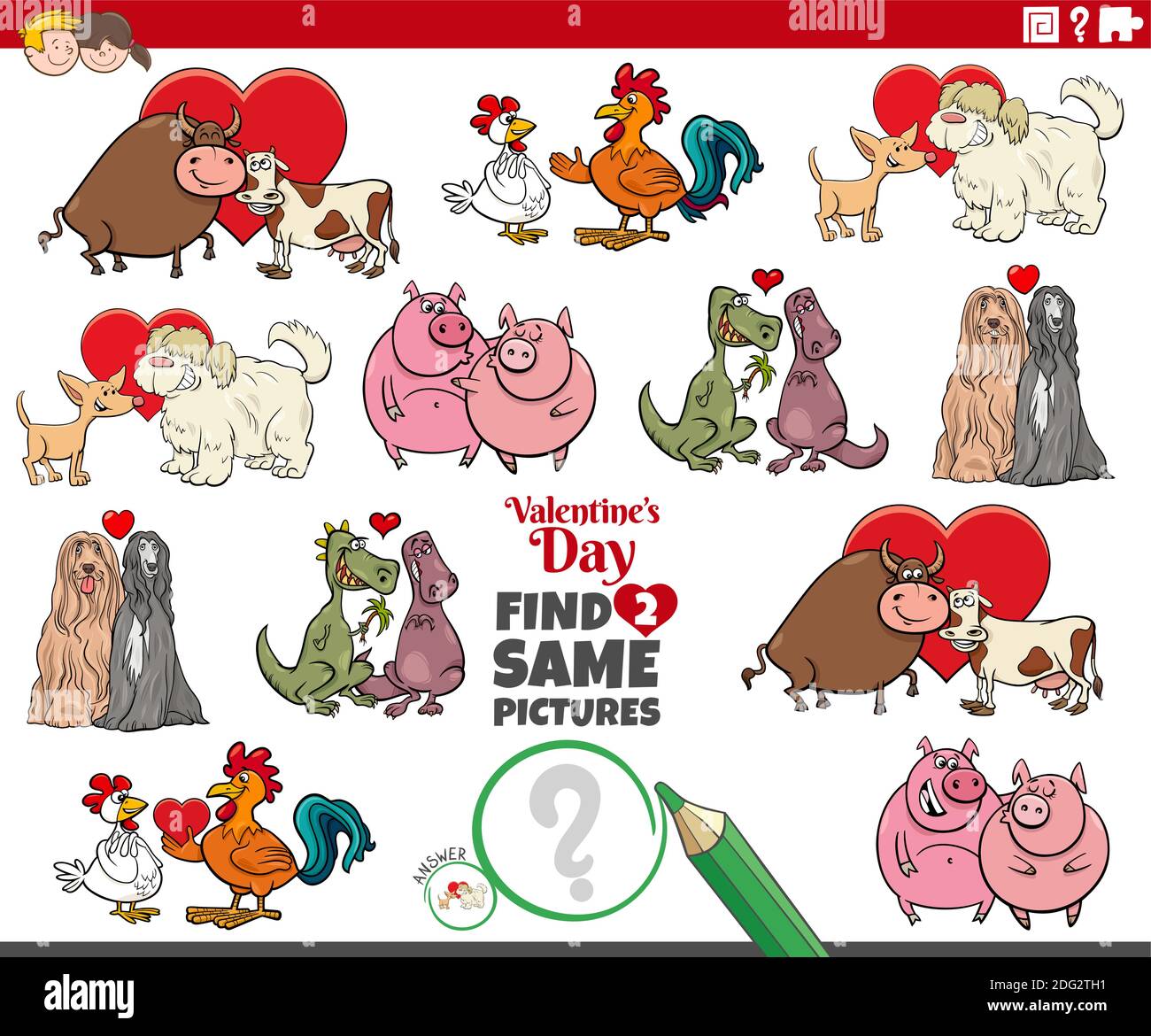 Cartoon illustration of finding two same pictures educational game with ...