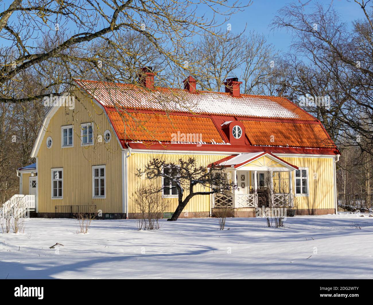 Old traditional house with red roof in Scandinavian style Stock Photo ...