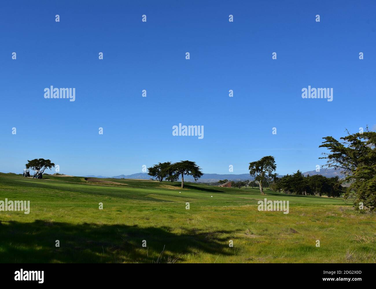 Golf course with carts with a lush green landscape Stock Photo - Alamy
