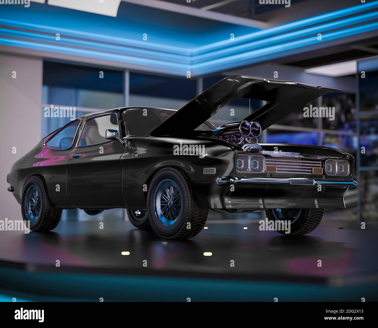 muscle car on exhibition center with hood open showing the motor bottom ...