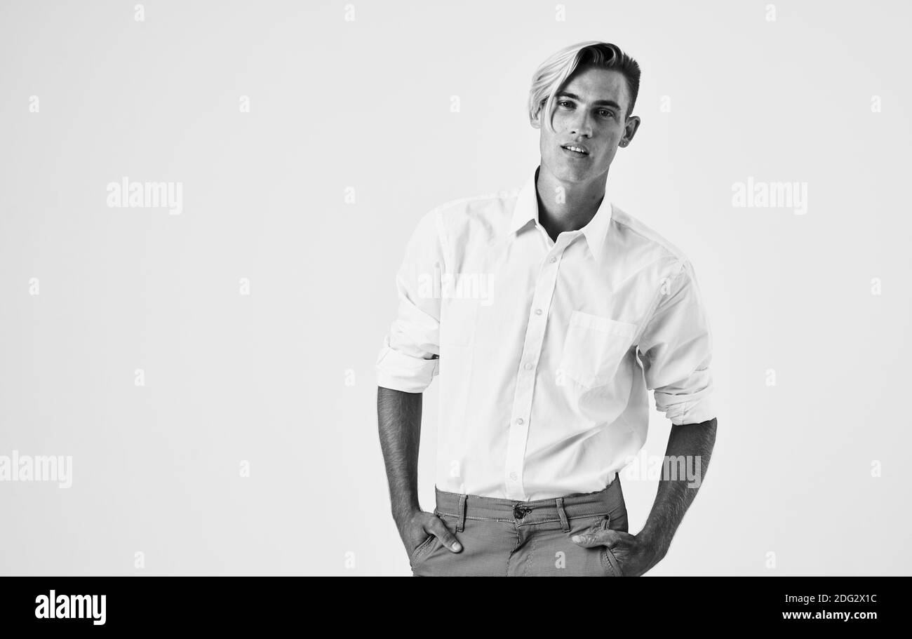 Handsome man puzzled look business finance model cropped view Stock ...