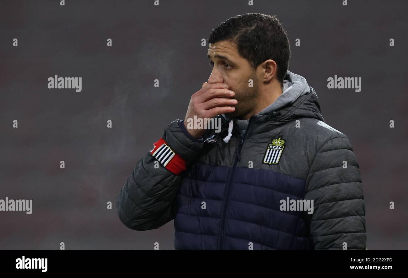 Charleroi's head coach Karim Belhocine looks dejected during a soccer ...