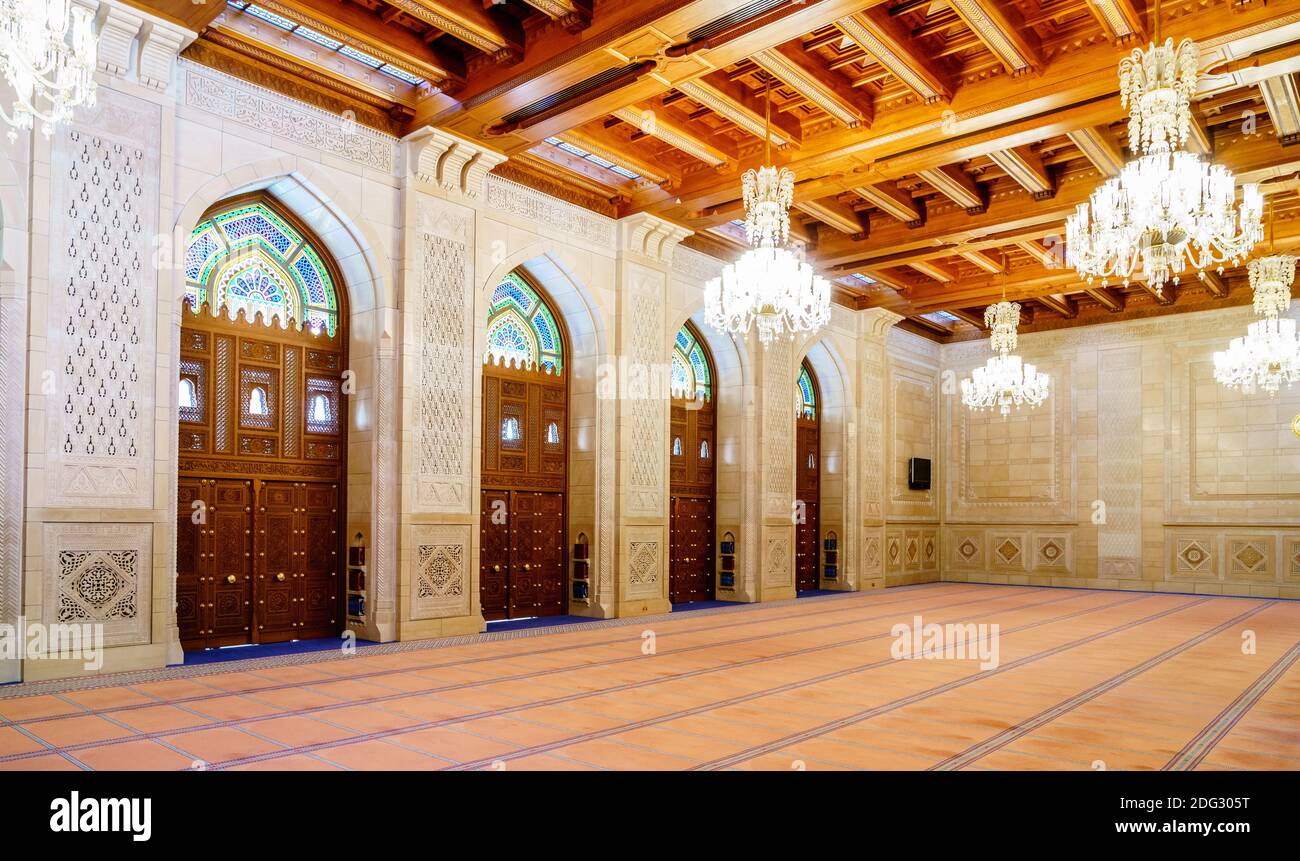 Muscat, Oman, December 3, 2016: Interior hall of the Sultan Qaboos ...