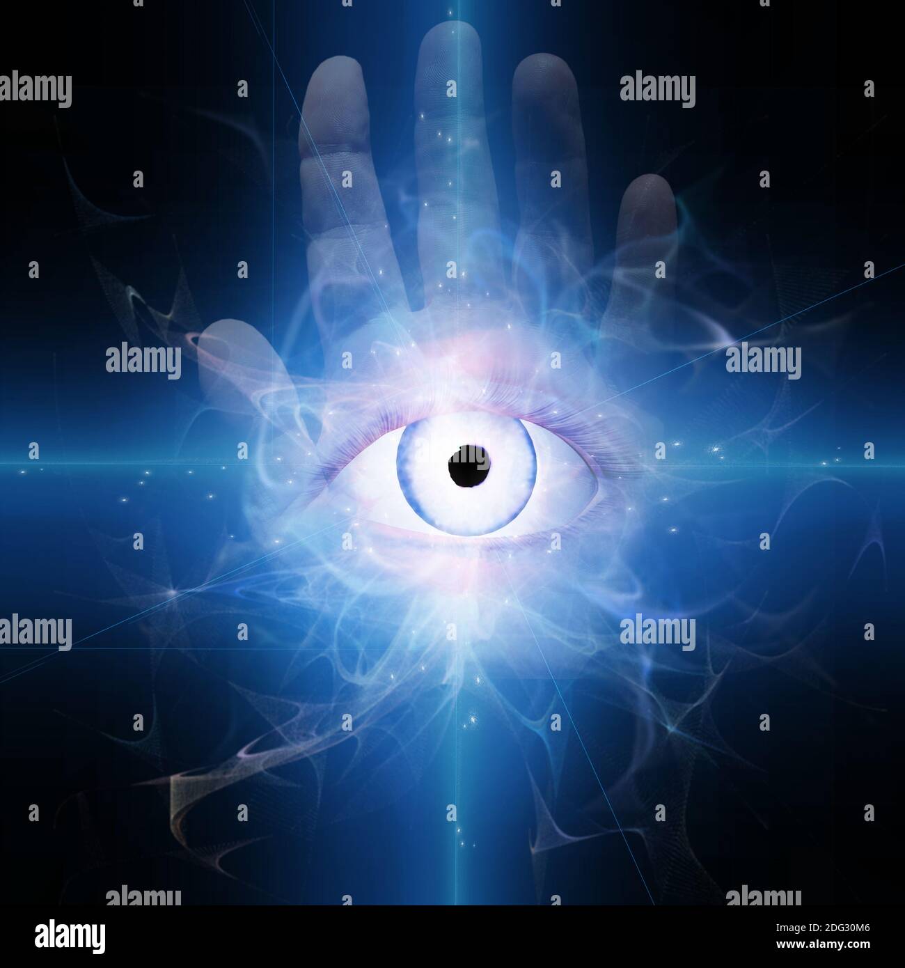 Eye with light on human palm. 3D rendering Stock Photo - Alamy