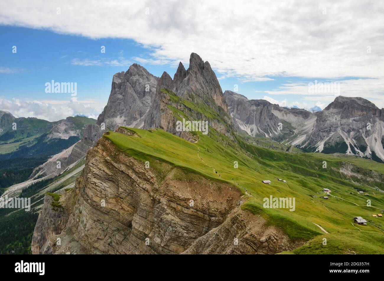 Seceda Mountain peak with green field, Italy, South Tyrol, Dolomites ...