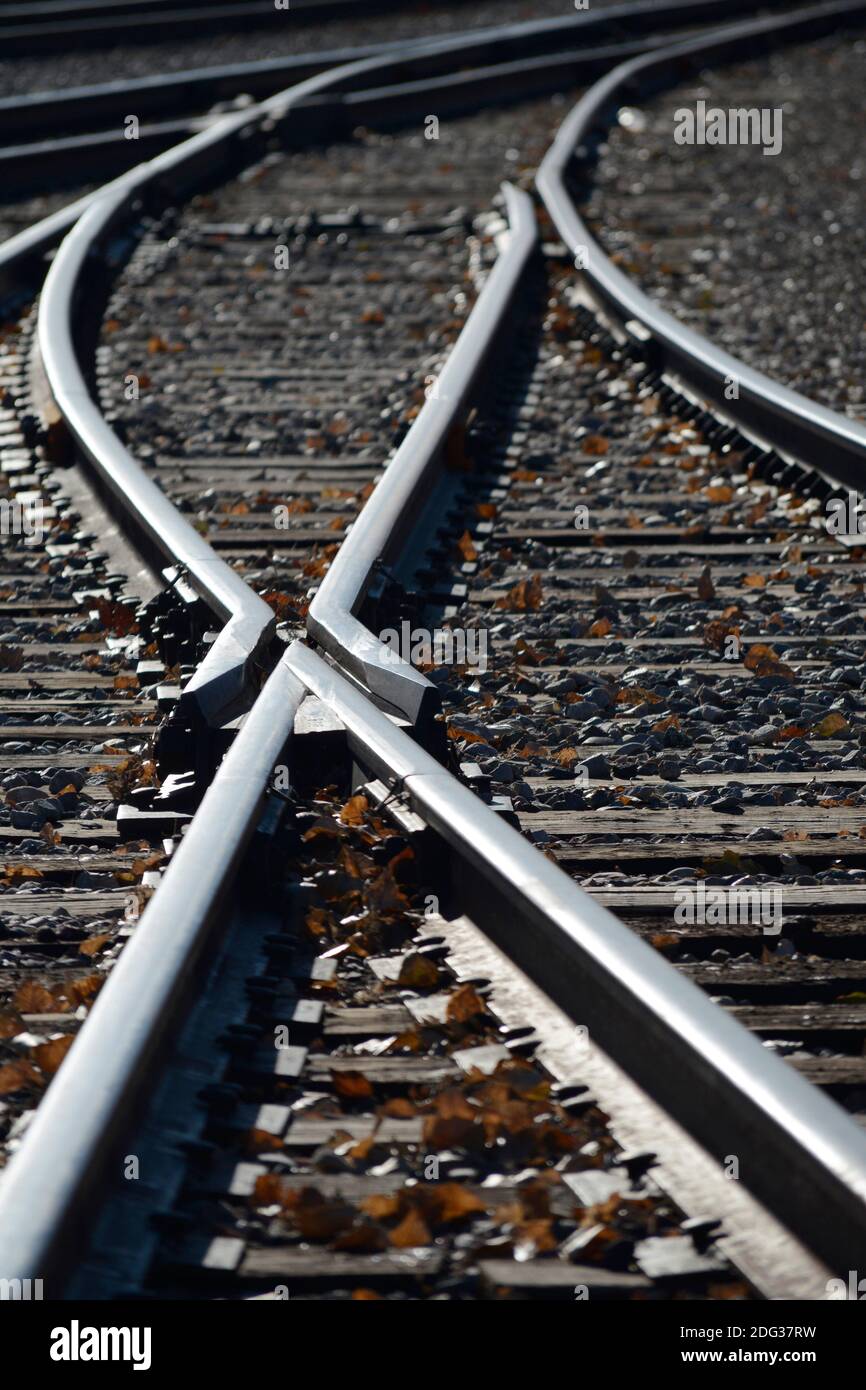 Railroad tracks lead into and out from the railroad depot in Santa Fe ...