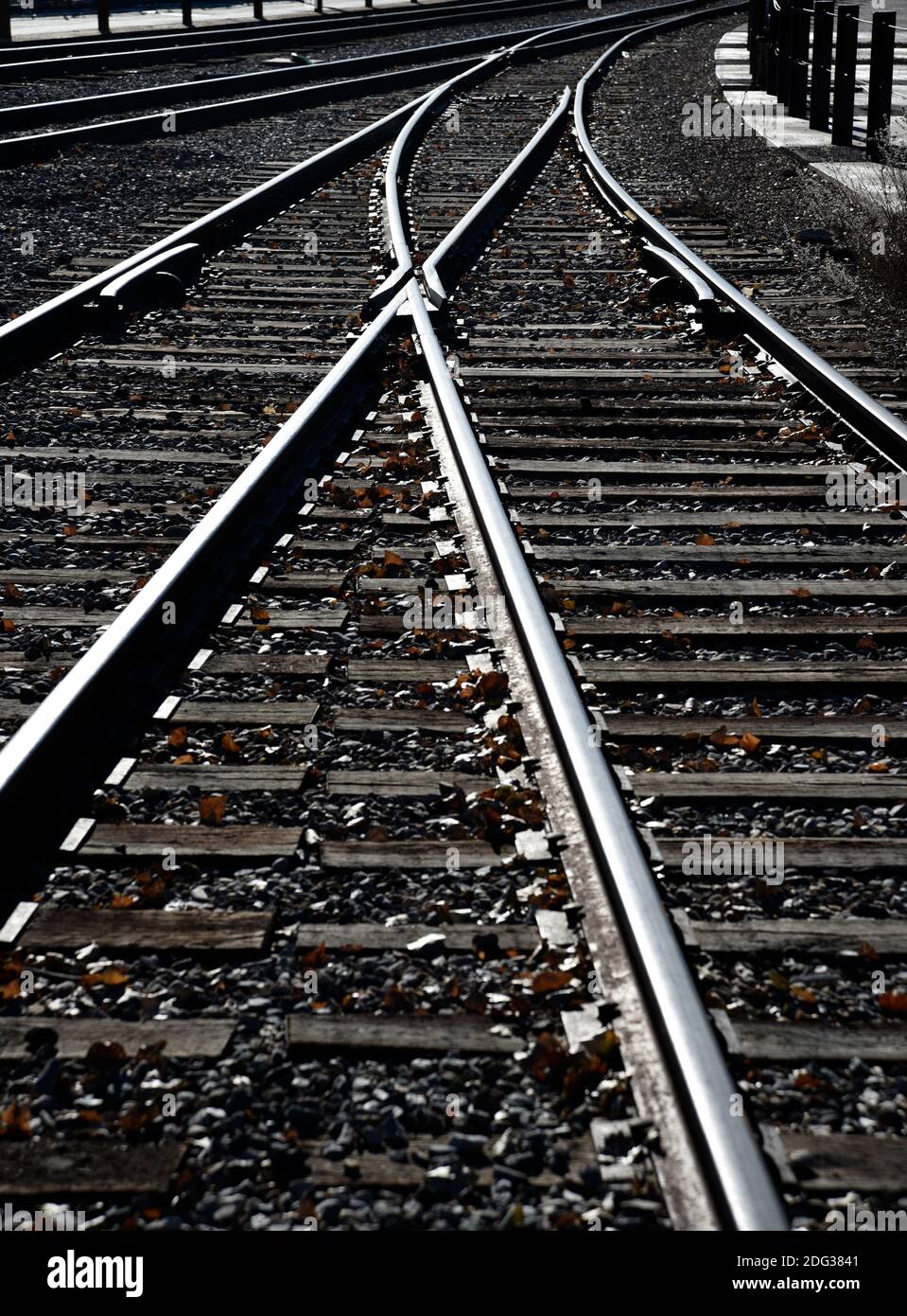 Railroad tracks lead into and out from the railroad depot in Santa Fe ...