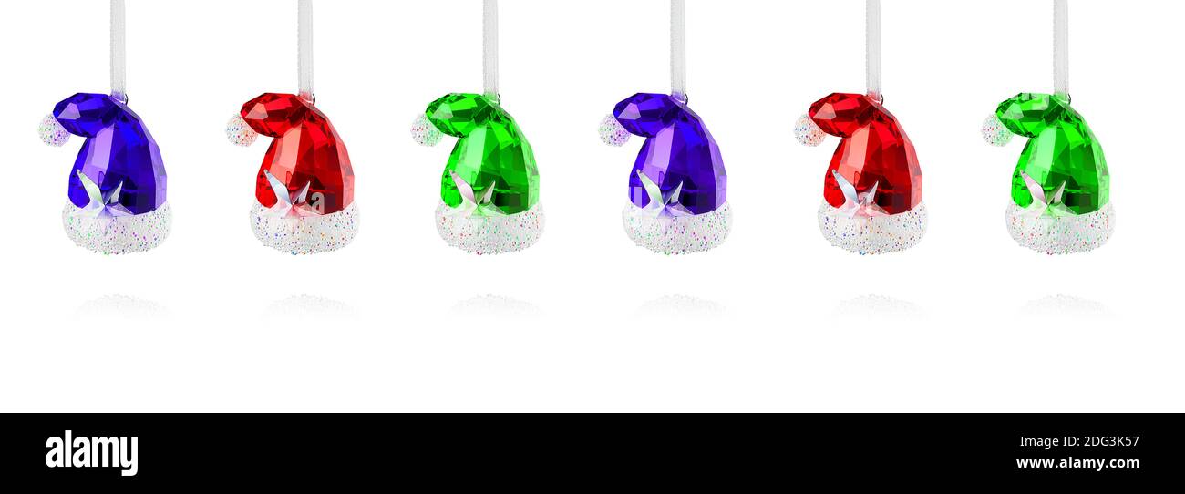 Christmas toy Santa hats on white ribbon on white background Stock ...