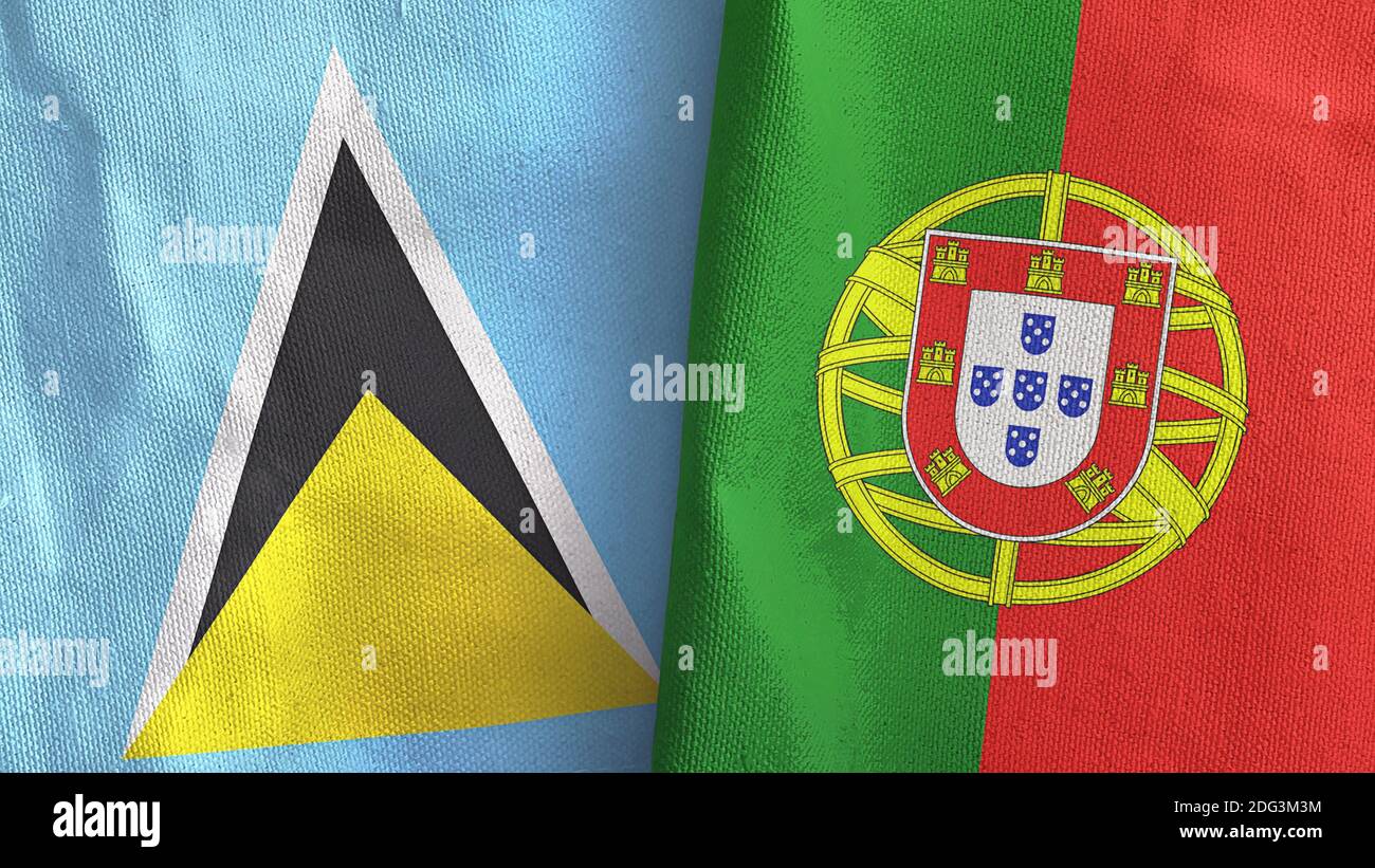Portugal and Saint Lucia two flags textile cloth 3D rendering Stock ...