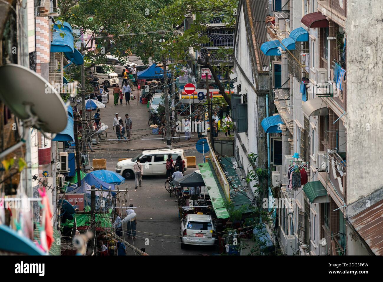 High angle view of busy street near Chinatown district, Yangon, Myanmar ...