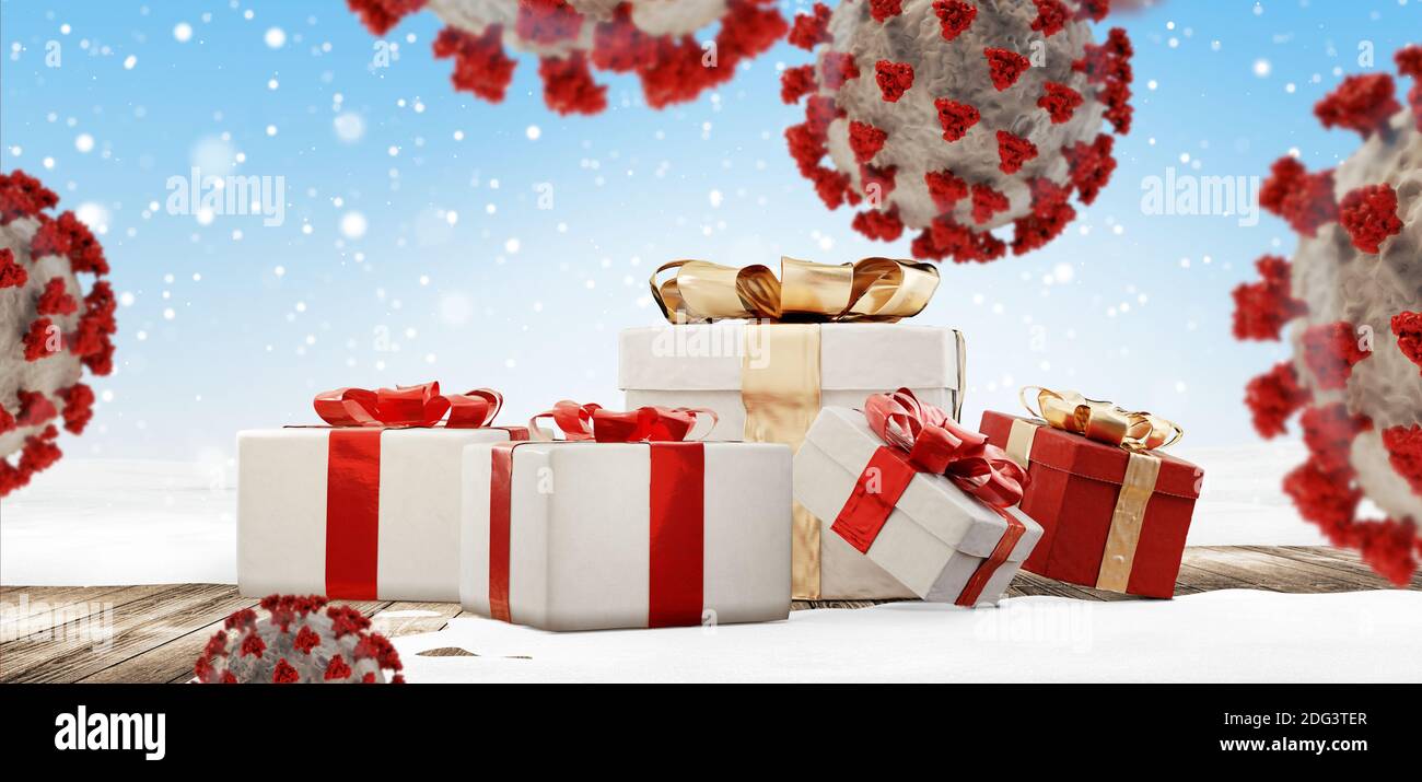 concept of christmas winter season background and covid-19 virus cells ...
