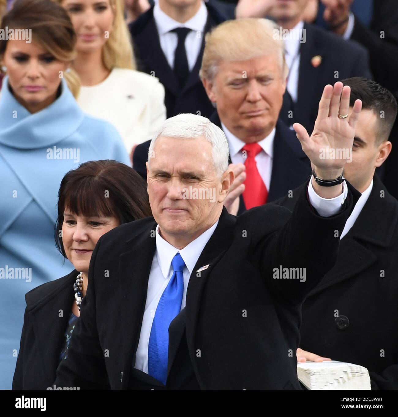 Vice President Mike Pence waves after taking the Oath of Office from ...