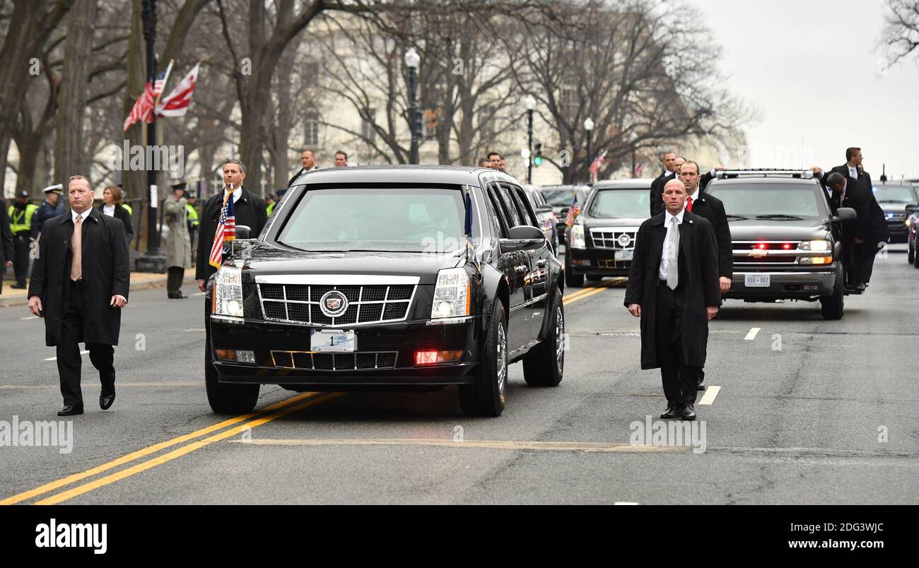 President Donald Trump's limo moves along the route of the inaugural ...