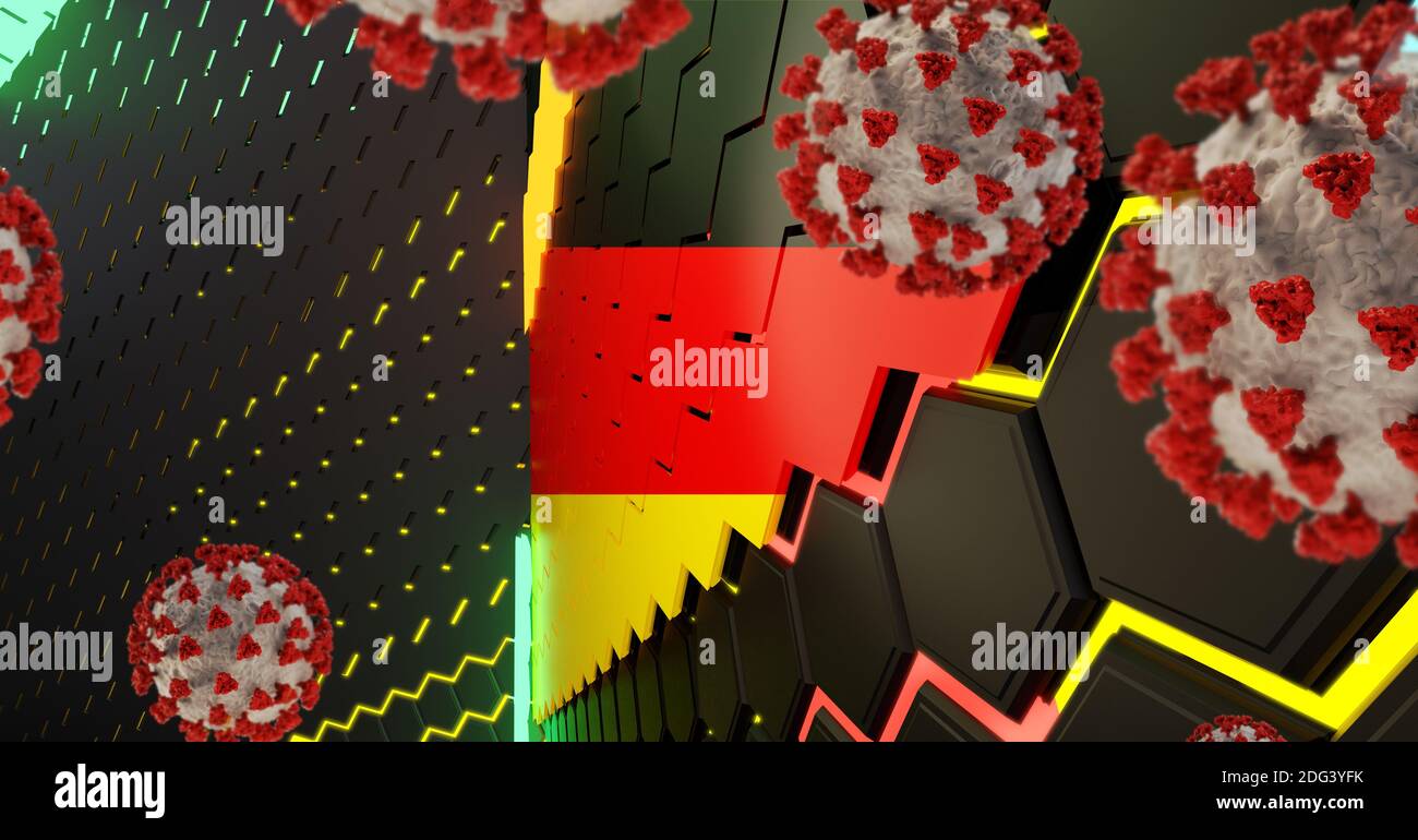 Germany flag colored hexagonal background and covid-19 virus cells 3d ...