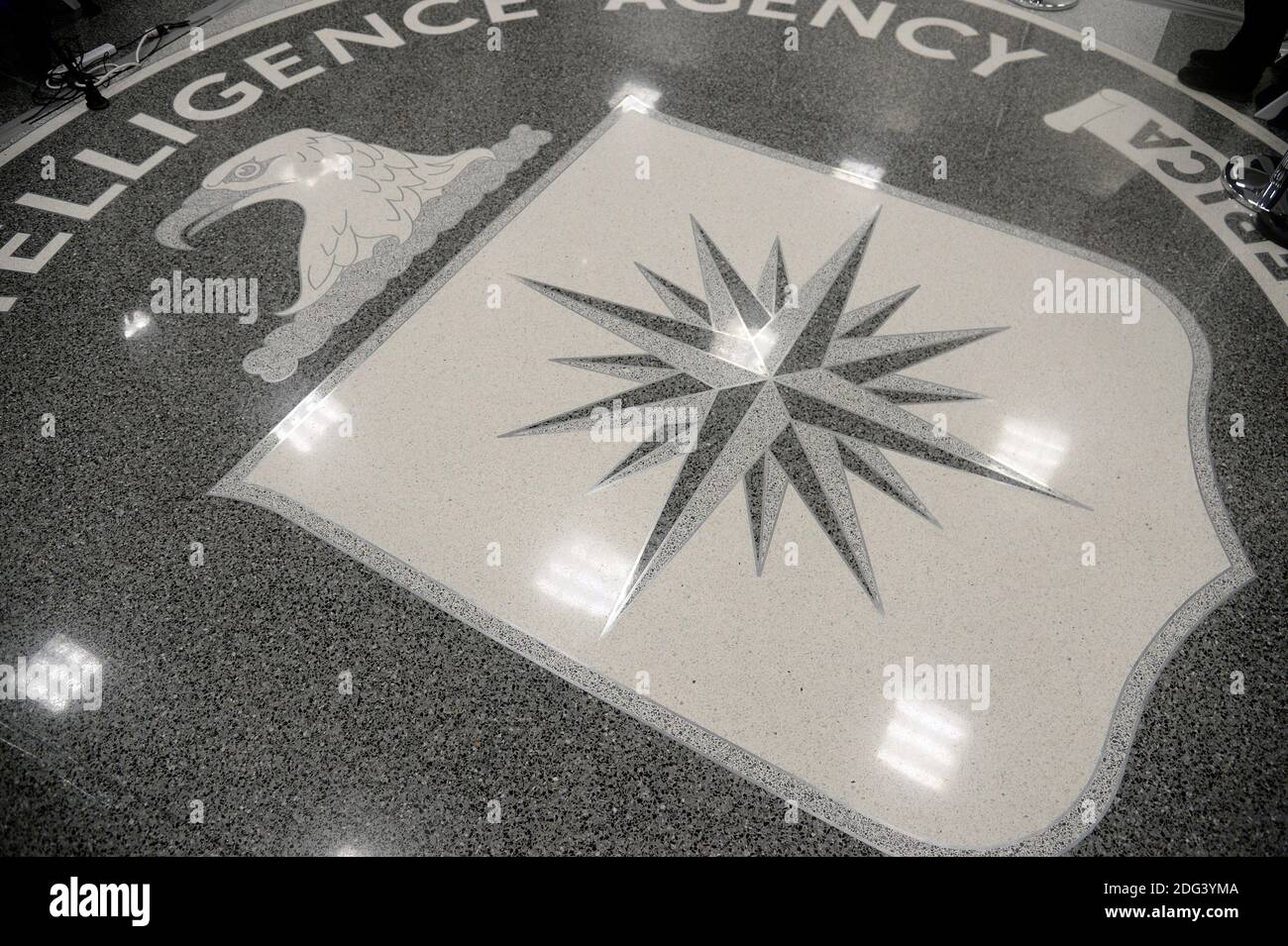 The lseal of the CIA is seen on the floor during a visit of U.S ...