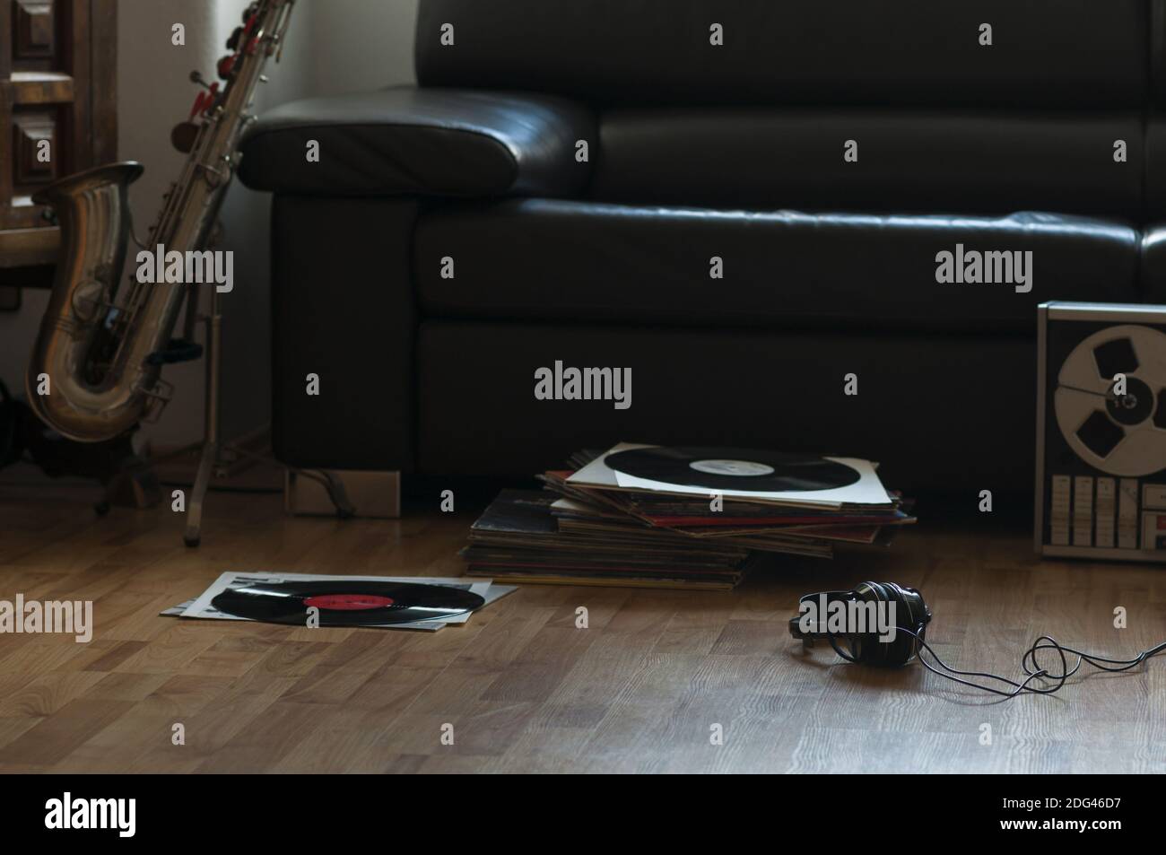 Lifestyle, Still Life with records, saxophone, tape recorder with ...