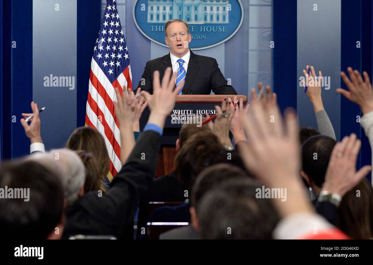 White House press secretary Sean Spicer speaks in the press briefing ...