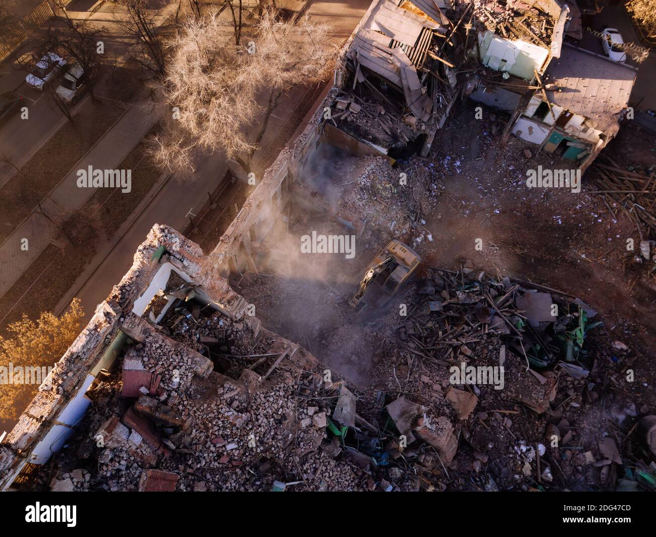 Aerial view of demolition site. Process of demolition of old industrial ...