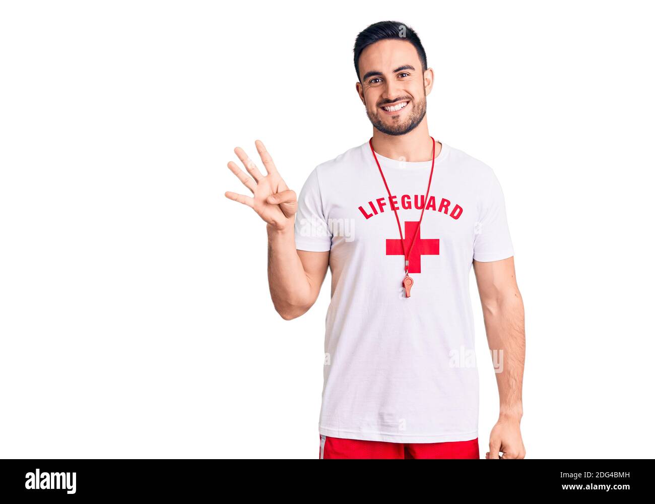 Young handsome man wearing lifeguard uniform showing and pointing up ...
