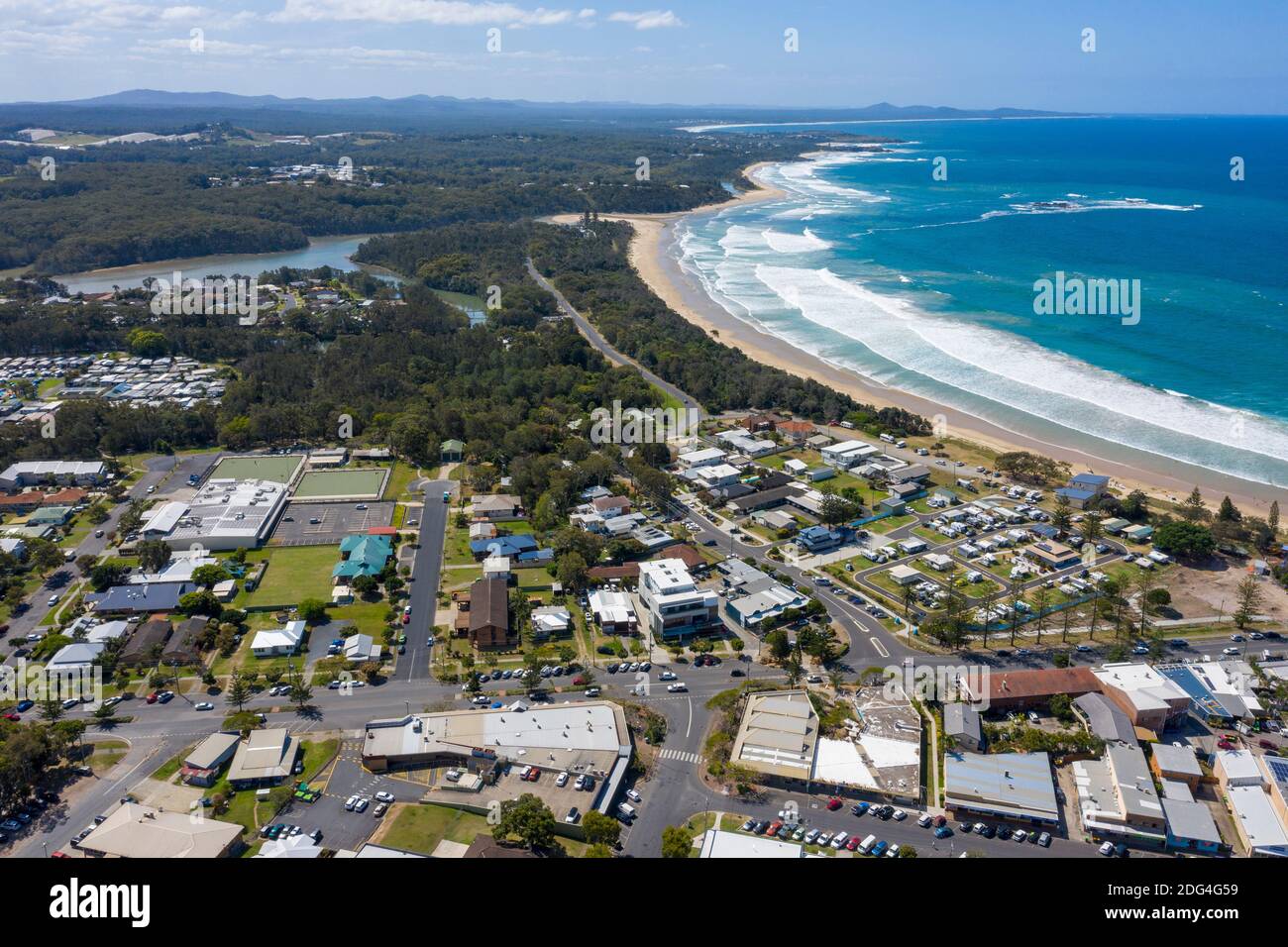 The beach and town at Woolgoolga on the New South Wales, north coast ...