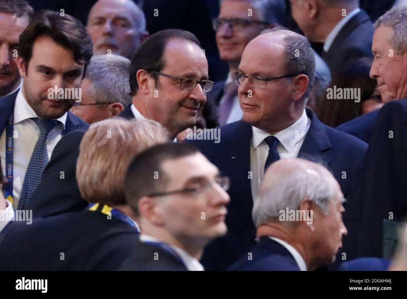 Francois Hollande, Thomas Bach and Albert of Monaco during the final of ...