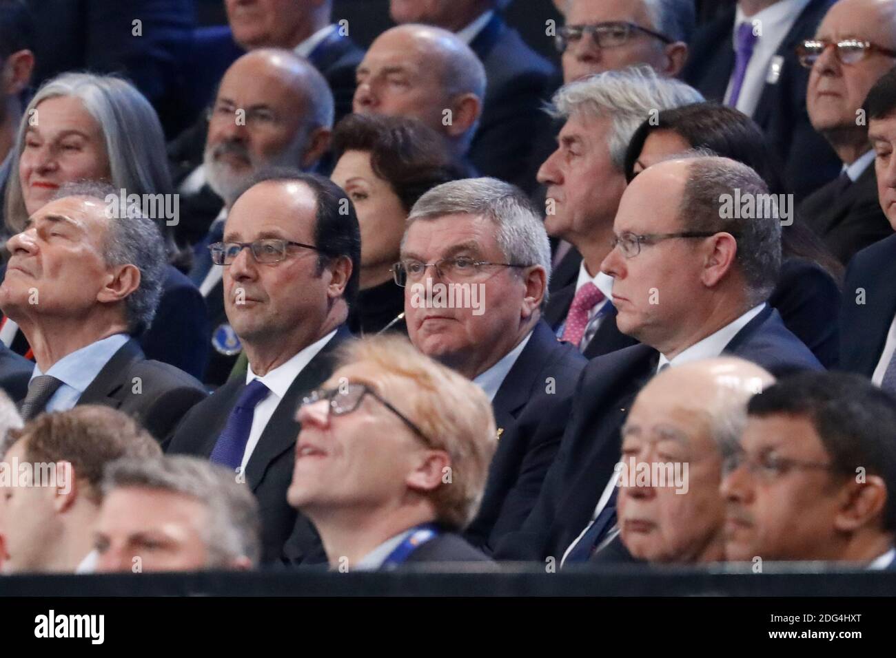 Francois Hollande, Thomas Bach and Albert of Monaco during the final of ...